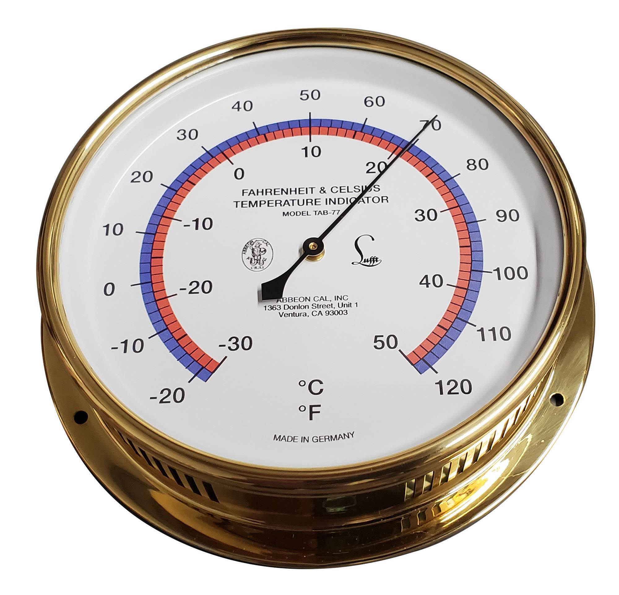 Fischer THERMOMETER - Temp Dial w/ color graph & brass case | Abbeon